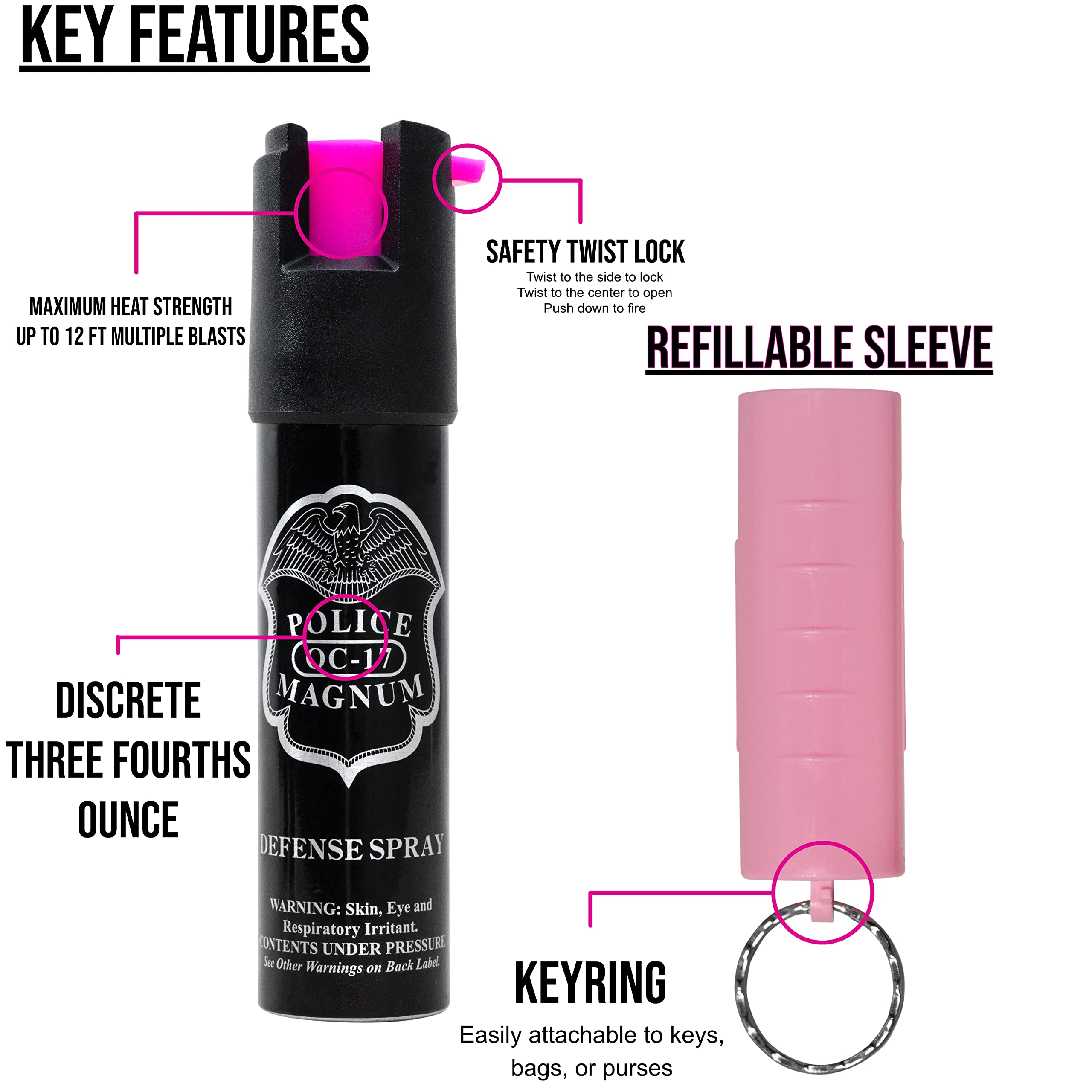 Police Magnum Mini Pepper Spray Self Defense Safety Tool- Strong Keyring Holder- Small discreet Canister Case- Made in The USA- 2 Pack 3/4oz Twist Lock Pink Sleeve Keyring