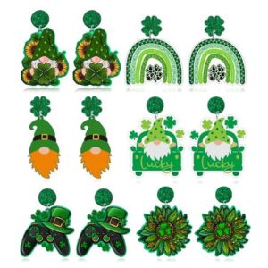 6 pairs st patricks day earrings for womens irish shamrock dangle earrings clover drop earrings green grass rainbow hat game handle beard dangle earrings st patricks day accessories（6pairs）