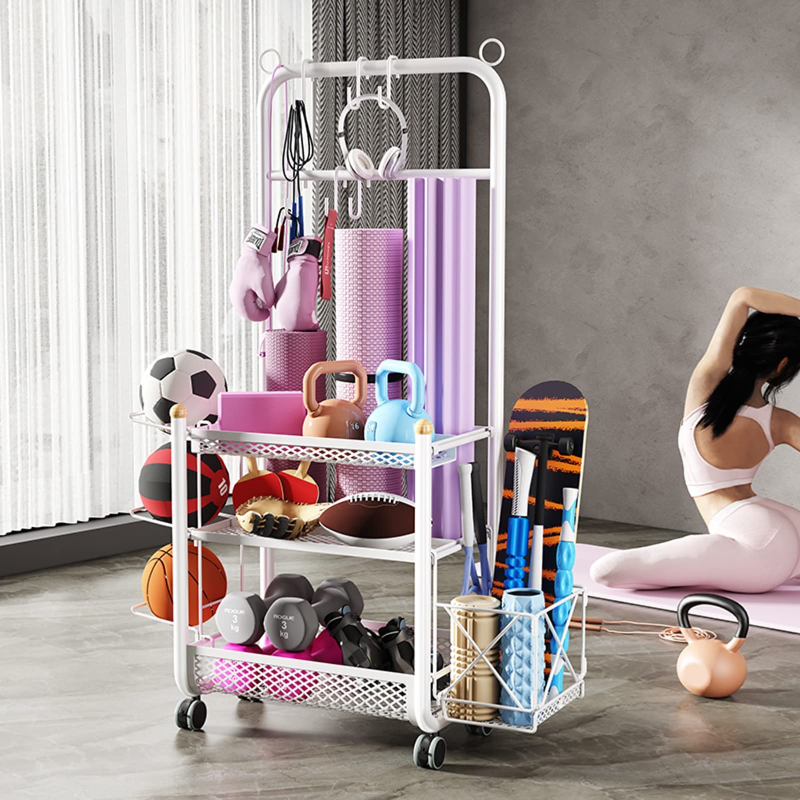 Multifunctional Yoga Accessories Storage Racks, Dumbbells Kettlebells Foam Roller Storage Organizer, Home Gym Fitness Class Rack with Wheels