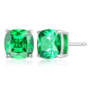 morgan & paige .925 sterling silver platinum plated cushion cut green cubic zirconia earrings studs, 4-prong setting butterfly-back simulated diamond stud earrings for women hypoallergenic earrings