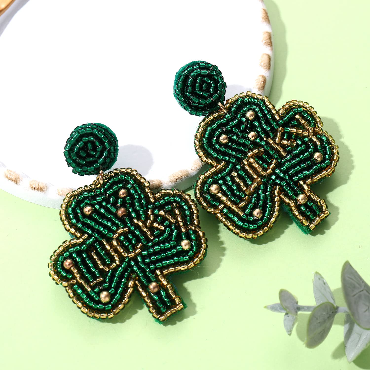 4Pairs St. Patrick's Day Earrings Beaded Lucky Leaf Earring for Women (Style D)