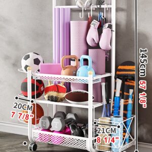 Multifunctional Yoga Accessories Storage Racks, Dumbbells Kettlebells Foam Roller Storage Organizer, Home Gym Fitness Class Rack with Wheels