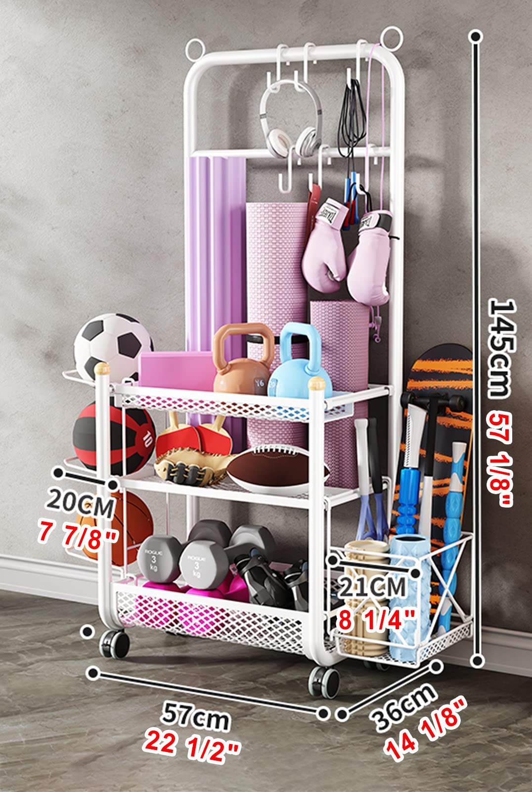 Multifunctional Yoga Accessories Storage Racks, Dumbbells Kettlebells Foam Roller Storage Organizer, Home Gym Fitness Class Rack with Wheels