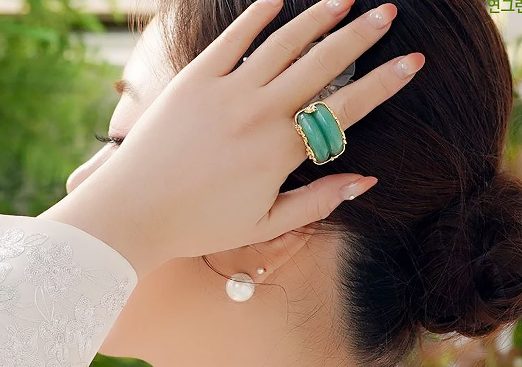 Hanbok Ring Jade Korea Traditional Accessory Woman Junior Natural Light Green Size Adjustable R002 Gold