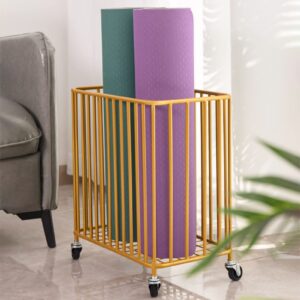 gold square yoga mat holder with wheels, steel frame yoga mat storage basket, exercise equipment for home workouts, space saving yoga mat racks