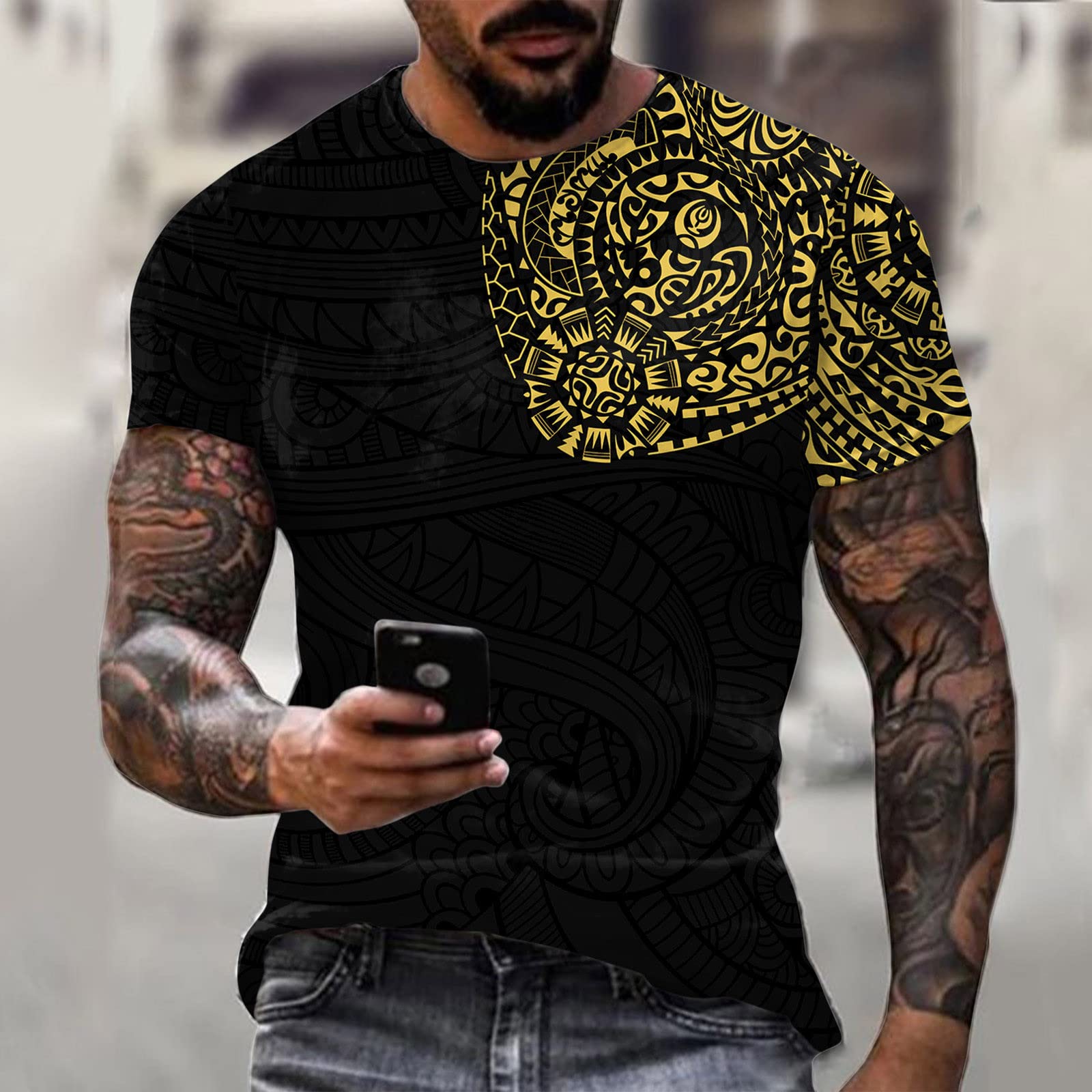 Men's Casual Short Sleeve T-Shirt Vintage Shoulder Graphic Crew Neck Tee Summer Classic Fit Muscle Shirt Streetwear Top(Yellow,Medium)