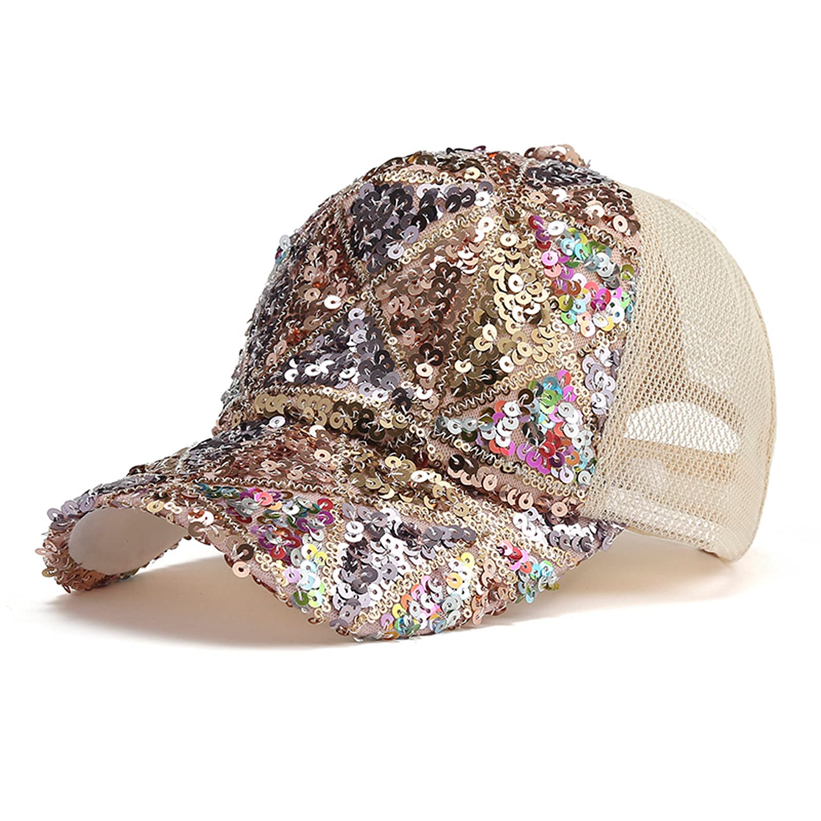 Women Sequins Adjustable Baseball Cap Breathable Mesh Back Snapback Hat Summer Beach Hip Hop Sunscreen (Beige, One Size)