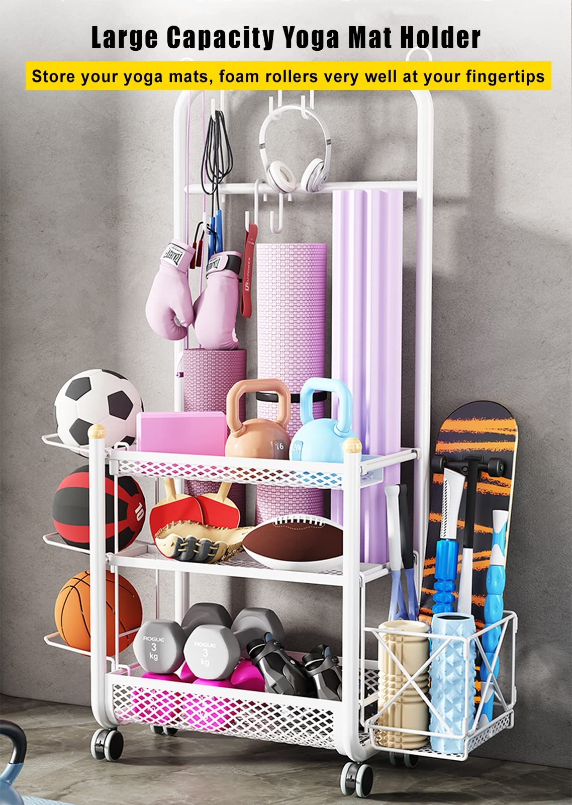 Multifunctional Yoga Accessories Storage Racks, Dumbbells Kettlebells Foam Roller Storage Organizer, Home Gym Fitness Class Rack with Wheels