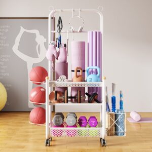 multifunctional yoga accessories storage racks, dumbbells kettlebells foam roller storage organizer, home gym fitness class rack with wheels