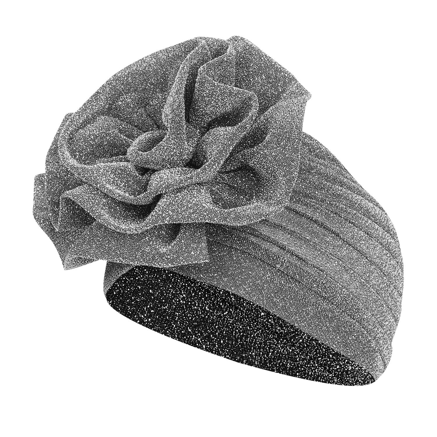 Women Turban Flower Caps Chemo Head Wraps Cap Stretchy Turban Hat Head Cover Flower Knot India's Hat for Women Girl Silvery