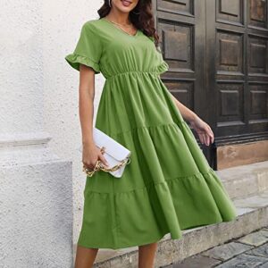 YMUQEIGH Summer Dresses for Women Dressy Casual Ruffle Short Sleeve Swing Dress Solid Color V-Neck Sundress Elegant Dress Green