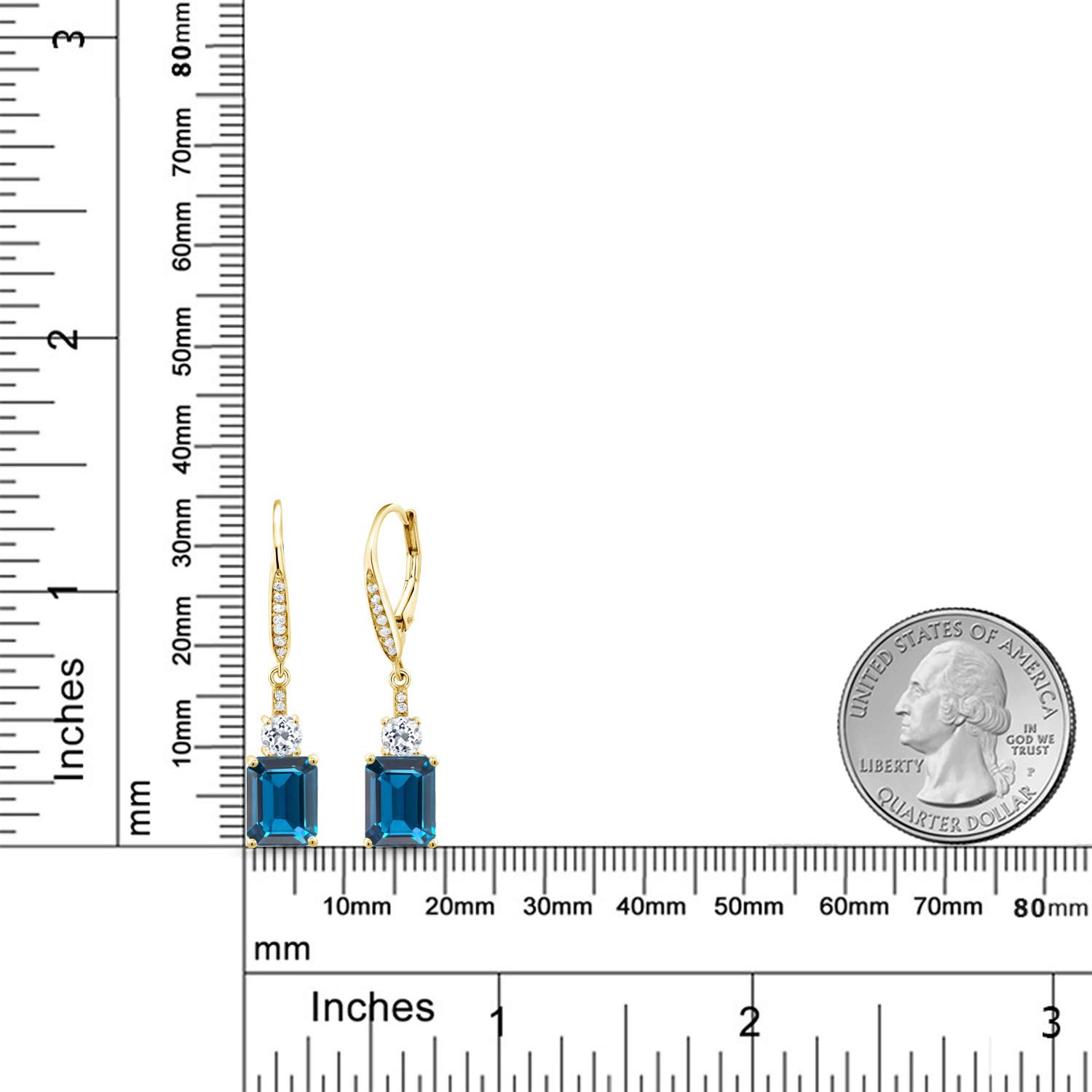 Gem Stone King 18K Yellow Gold Plated Silver London Blue Topaz and White Topaz Dangle Earrings For Women (6.08 Cttw, Gemstone November Birthstone, Emerald Cut 9X7MM)