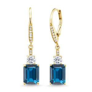 gem stone king 18k yellow gold plated silver london blue topaz and white topaz dangle earrings for women (6.08 cttw, gemstone november birthstone, emerald cut 9x7mm)