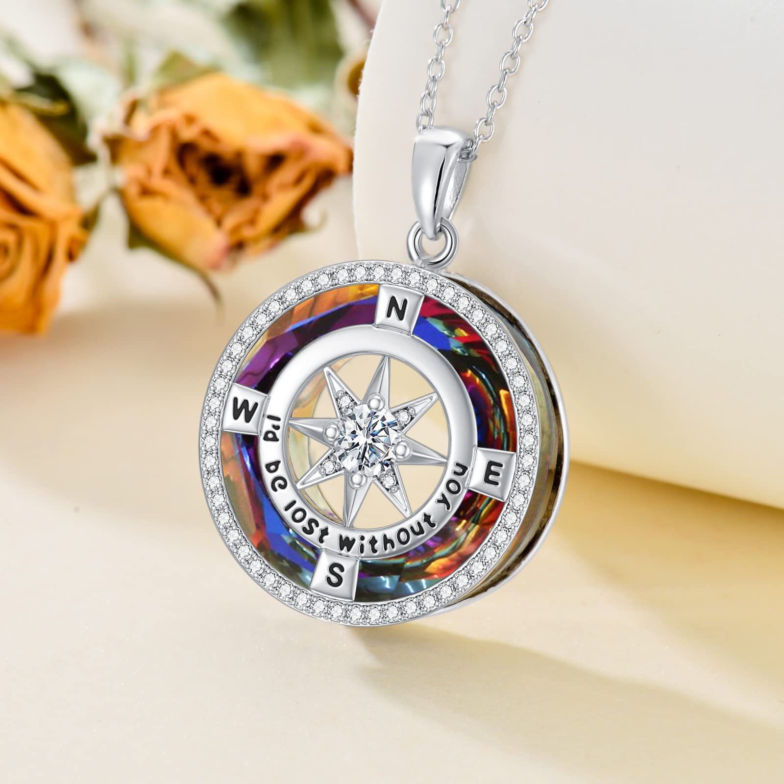 TOUPOP Christmas Gifts for Wife I'd be Lost without You Compass Necklace for Women 925 Sterling Silver Compass Jewelry Gifts for Girlfriend Pendant with Crystal Necklaces for Birthday Graduation Valentines Mothers Day Inspirational Gift for Her Sister Mom