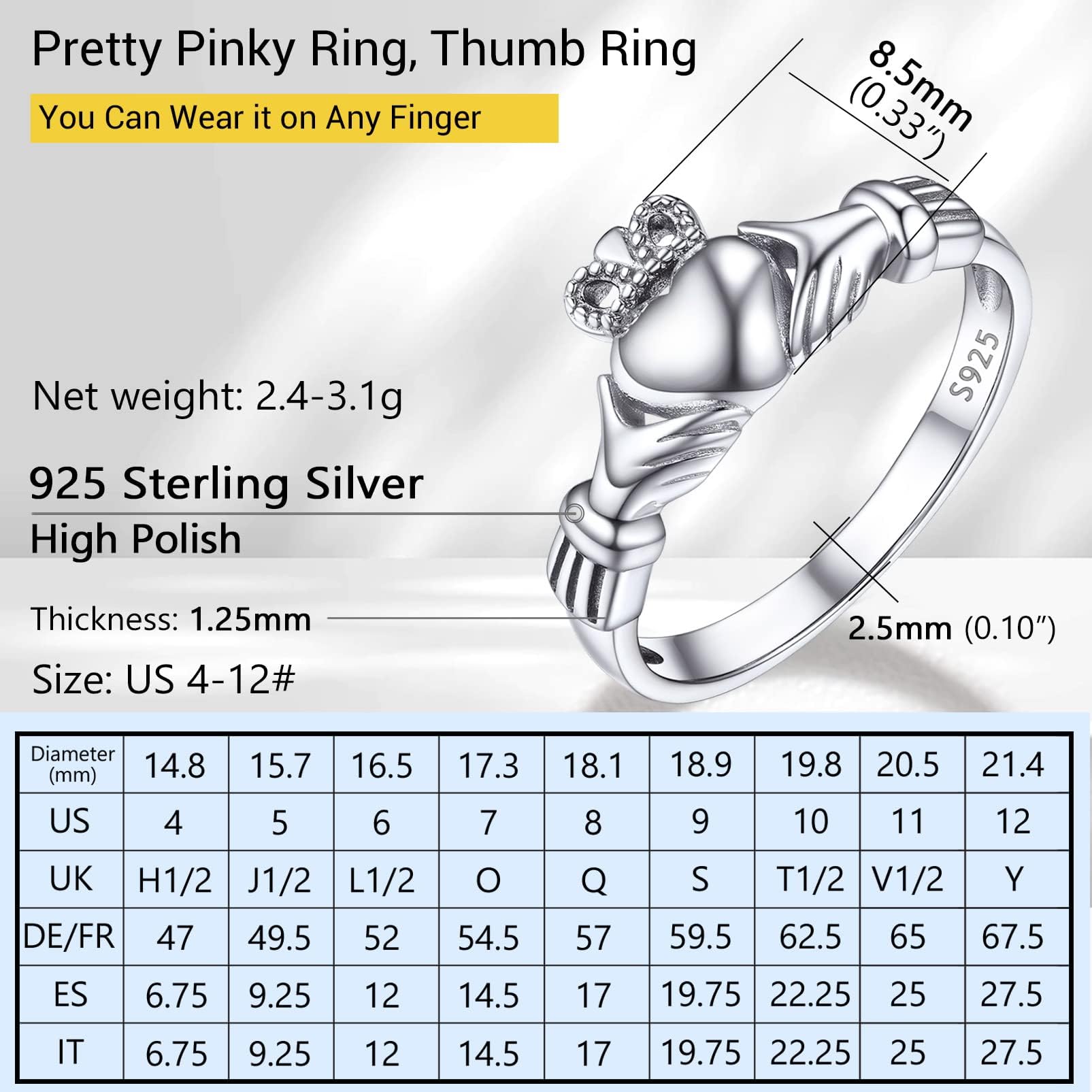 PROSILVER Sterling Silver Heart Promise Wedding Rings Irish Claddagh Ring Size 8