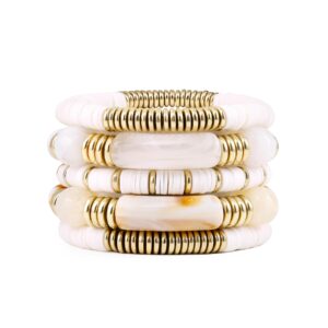 white bamboo tube bangles bracelet chunky curved stacking clear acrylic colorful beads stretchable friendship gold bracelets gifts for bestfriends, couple