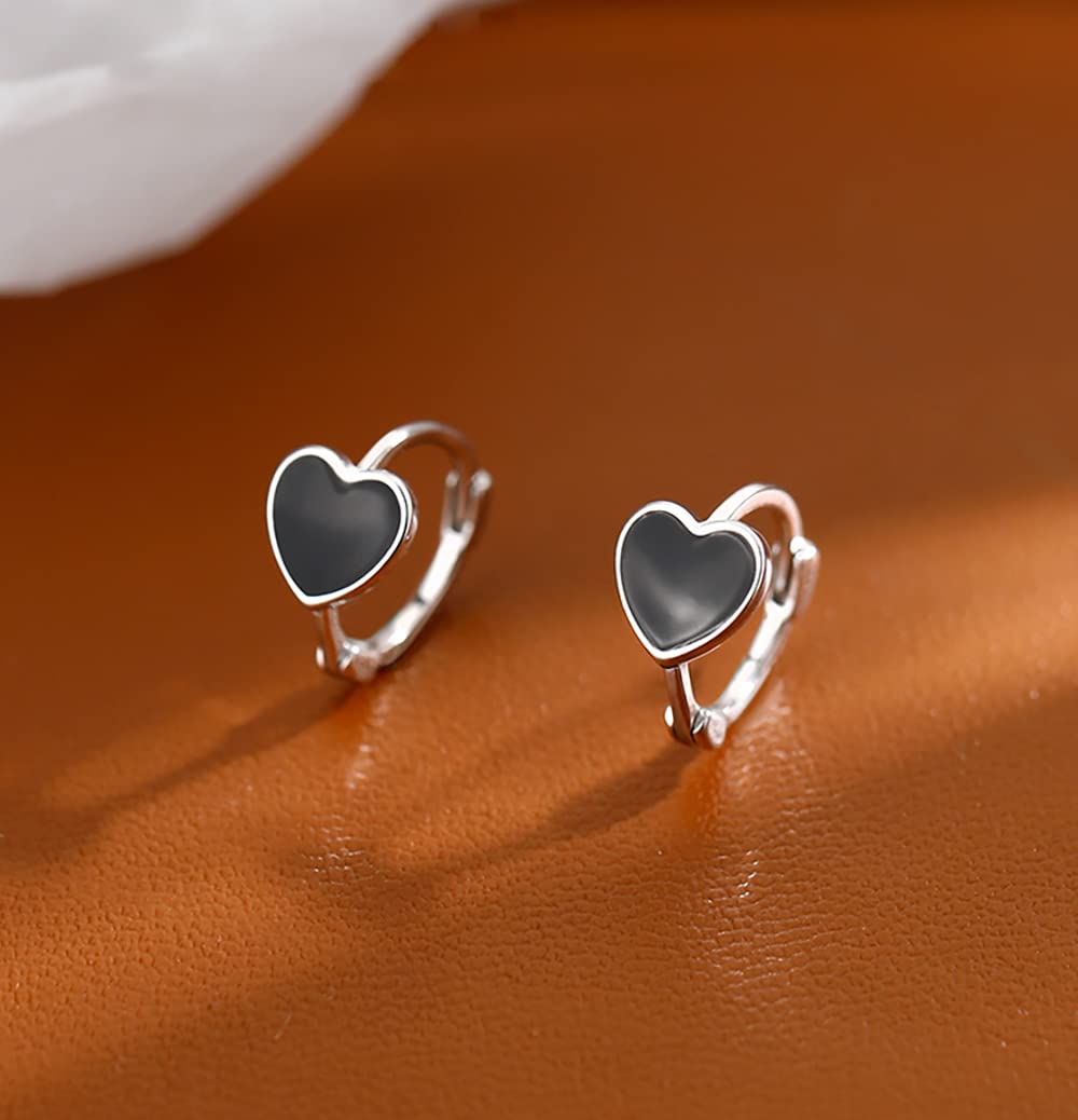 Reffeer Solid 925 Sterling Silver Love Heart Hoop Earrings for Women Teen Girls Black Heart Huggie Earrings Small Hoop (A-Silver)