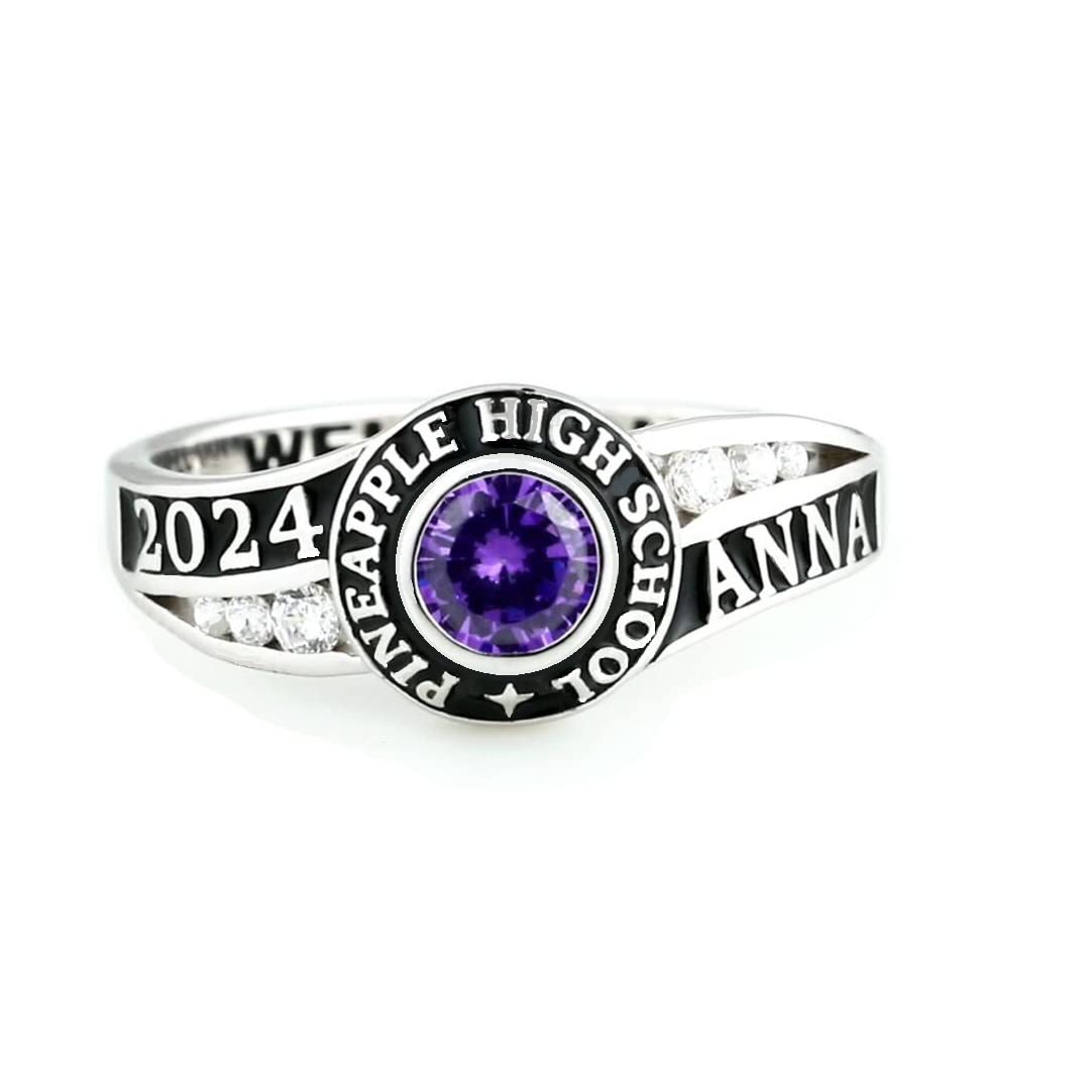 JNJ Women's Class Ring, personalized for high school and college graduates, Sterling Silver, Birthstone Class Rings (Platinum)