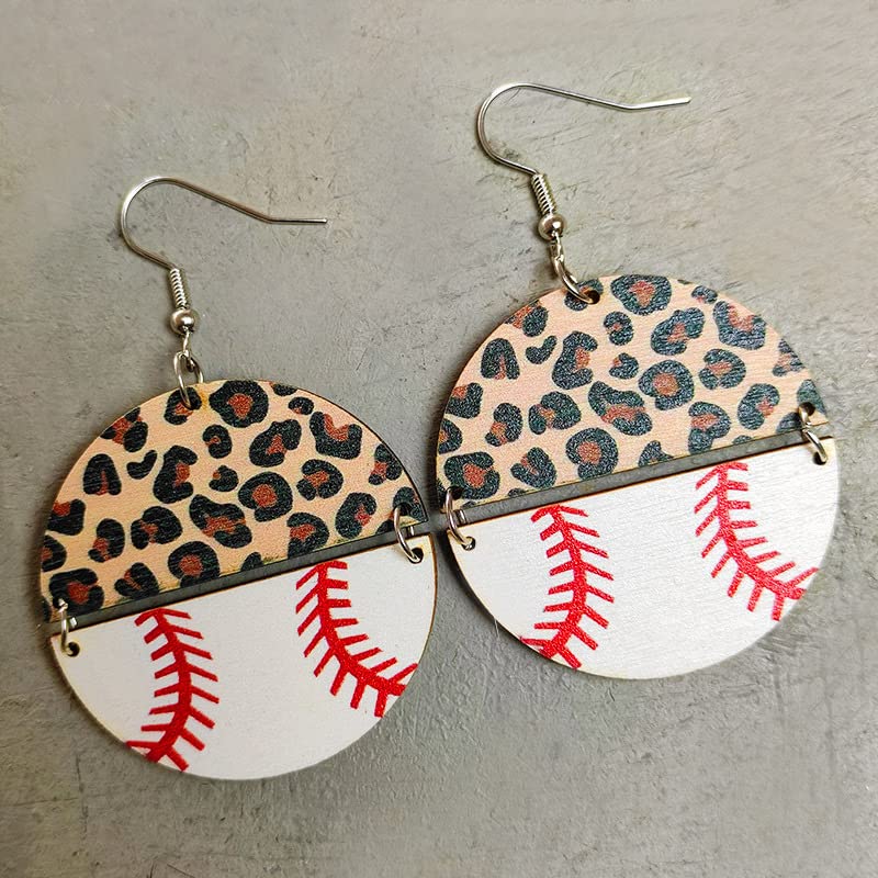 Wooden Football Basketball Volleyball Leopard Print Earrings Sports Geometry Dangle Earrings Fans Players Jewelry-Round Baseball