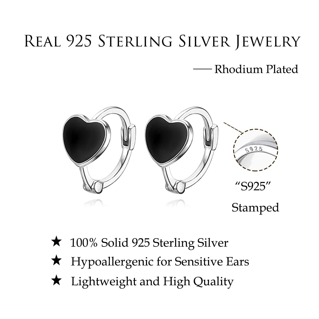 Reffeer Solid 925 Sterling Silver Love Heart Hoop Earrings for Women Teen Girls Black Heart Huggie Earrings Small Hoop (A-Silver)