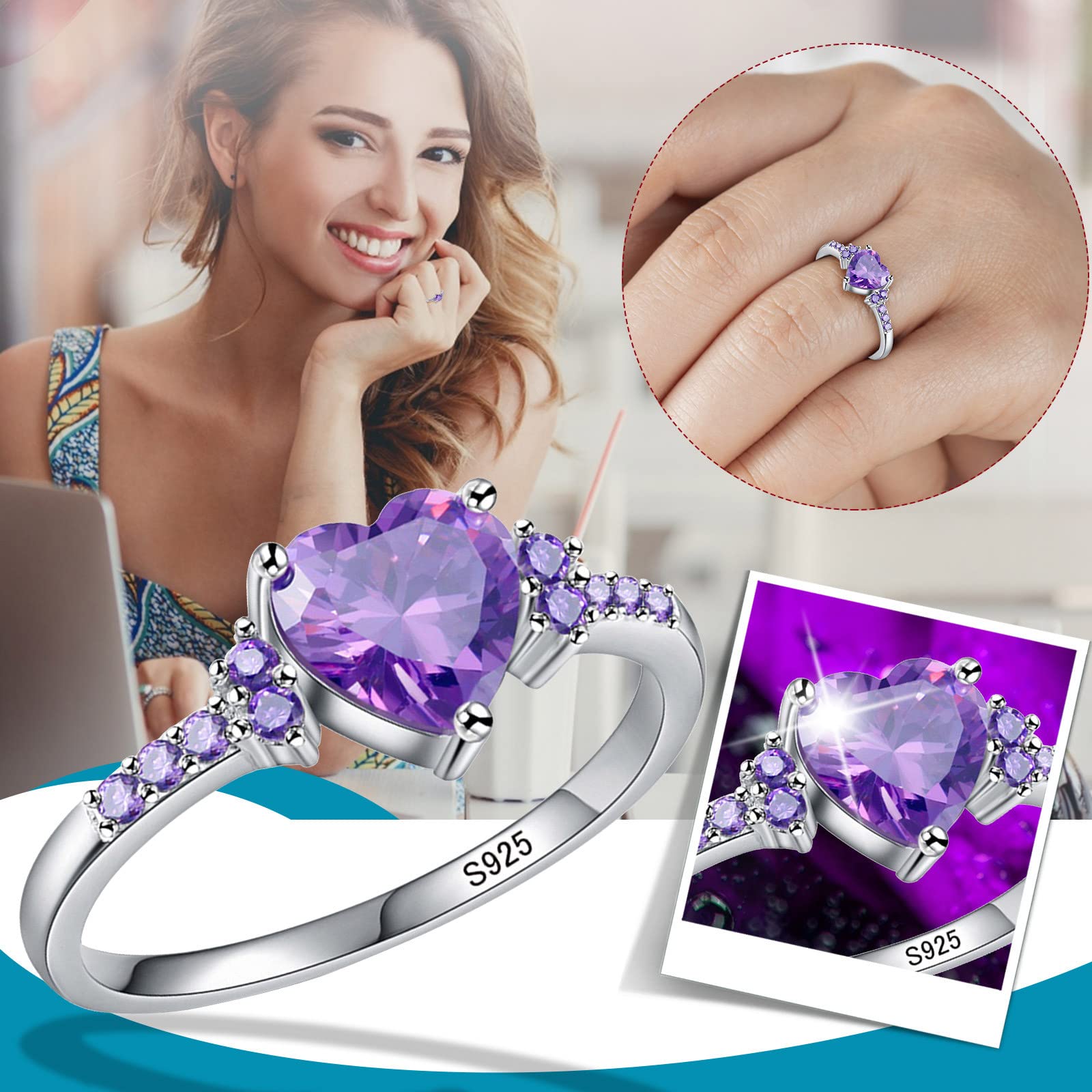 AIMAOMI Women Heart Shaped Engagement Rings Inlaid Zircon Anniversary Rings Elegant Exquisite Wedding Jewelry (Purple, 9)