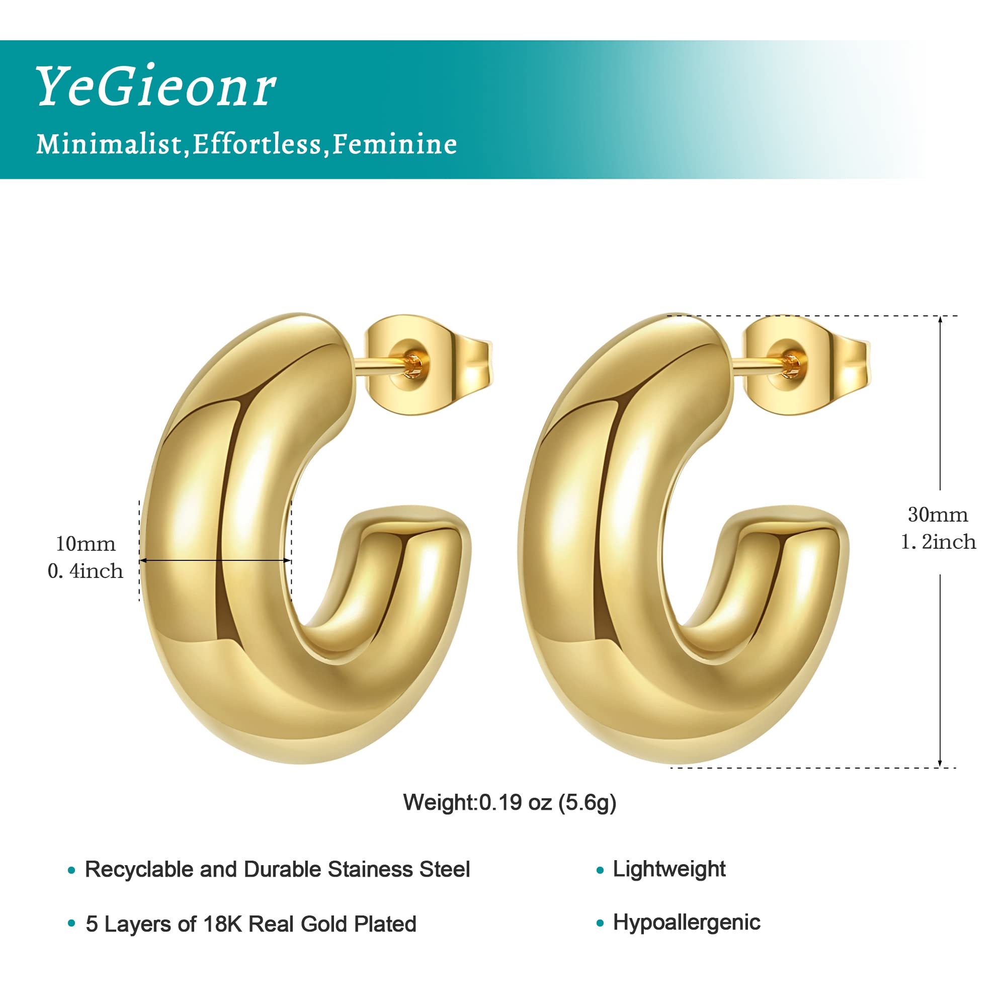 YeGieonr Chunky Gold Hoop Earrings for Women, Lightweight Stainless Steel Thick Hollow Open Hoops with 18K Real Gold Plated, Hypoallergenic Earrings Trendy Jewelry Gift