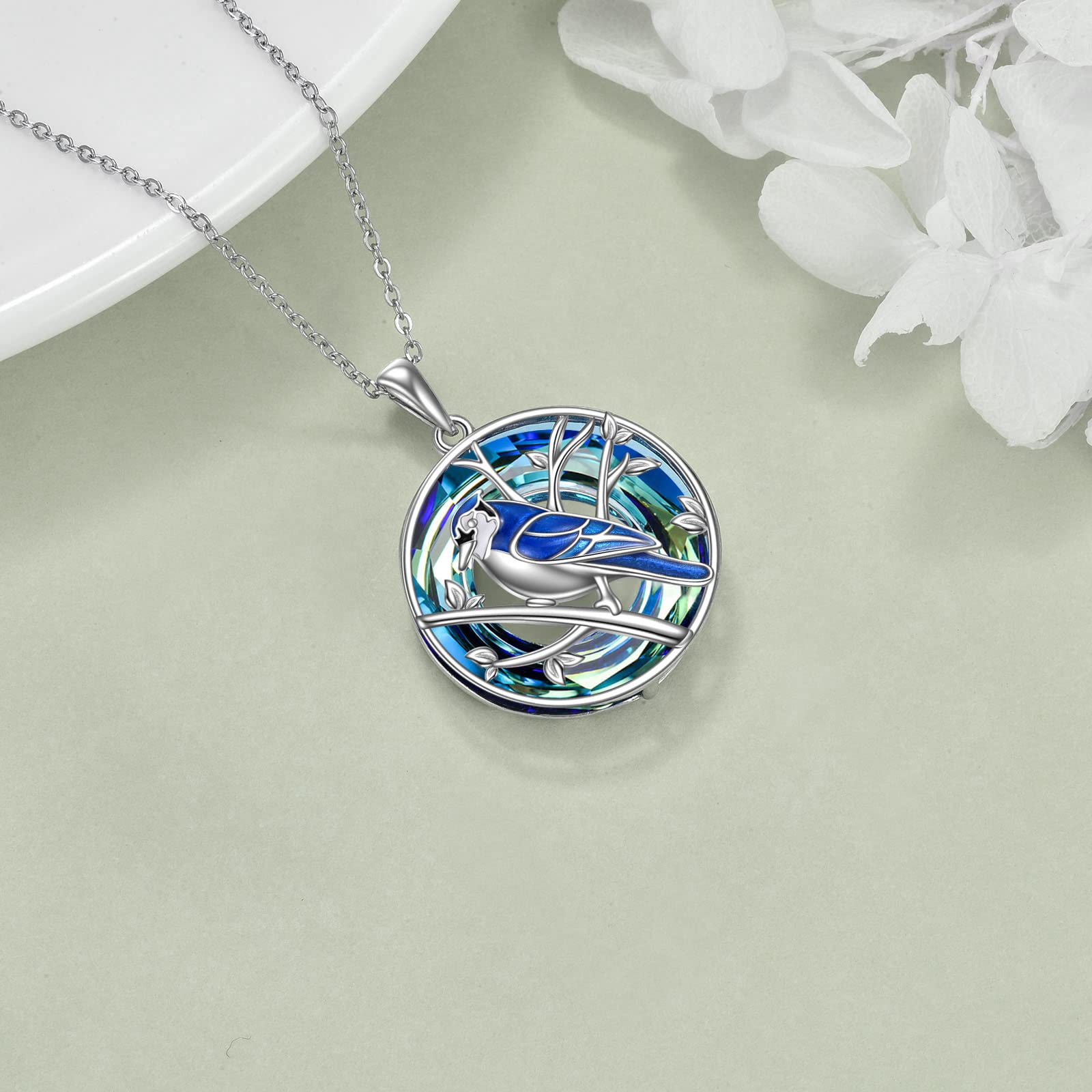 ONEFINITY Blue Jay Necklace 925 Sterling Silver Blue Jay Crystal Pendant Necklaces Blue Bird Jewelry for Bird Lover Gifts