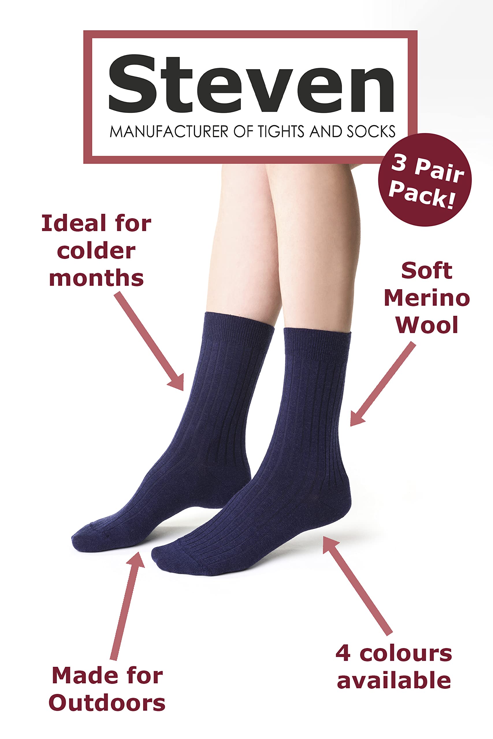 3 Pairs Womens Merino Wool Socks | Steven | Ladies Lightweight Warm Boot Socks (4-6, Dark Grey)