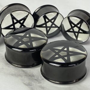 Mystic Metals Body Jewelry Pair of Black Embedded Pentagram in Clear Resin Plugs (MTO-066) (5/8" (16mm))