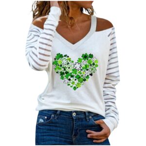 saint patricks day womens cold shoulder long sleeve heart green clover print shirts blouse breathable loose tee tops