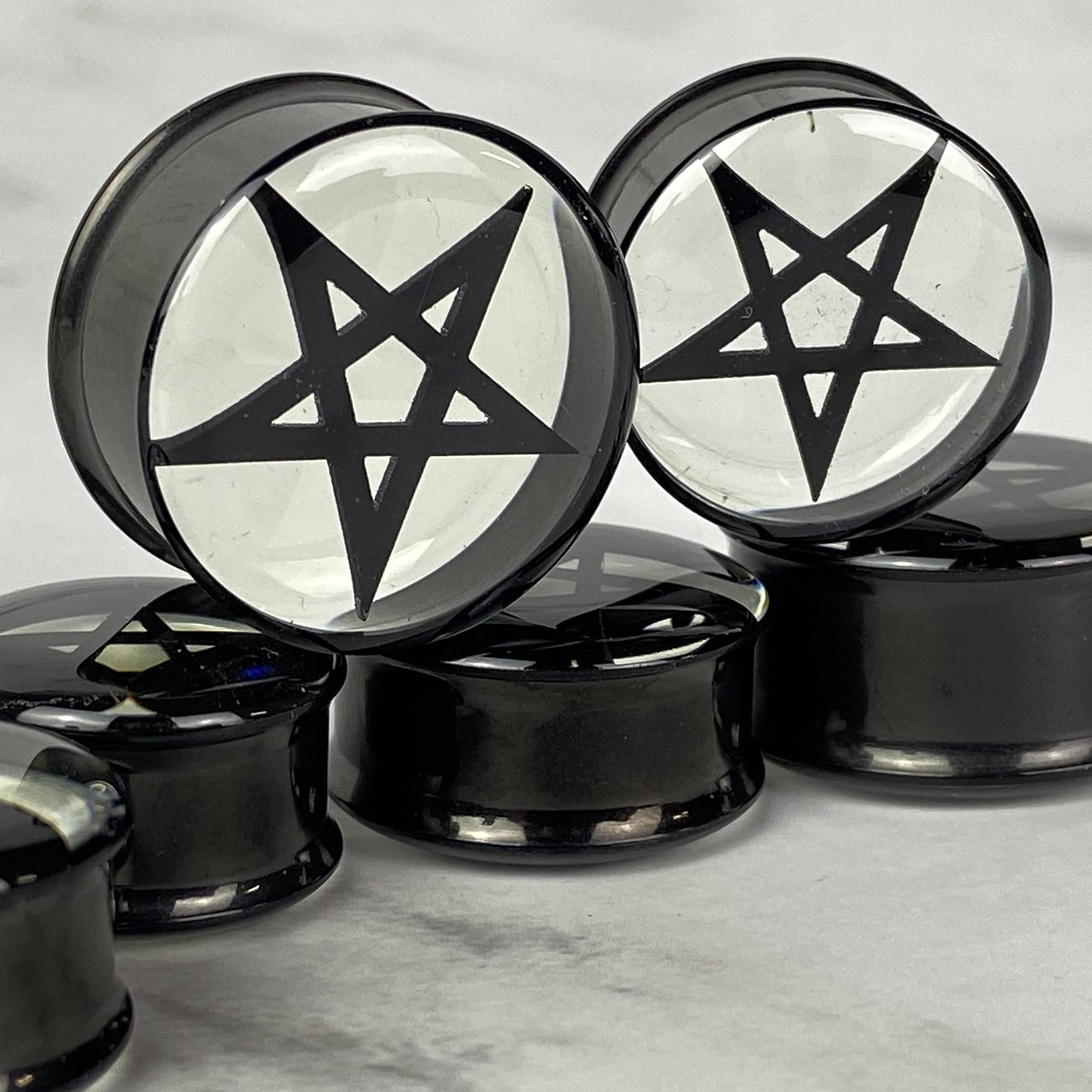 Mystic Metals Body Jewelry Pair of Black Embedded Pentagram in Clear Resin Plugs (MTO-066) (5/8" (16mm))