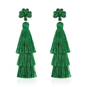 brilove st patricks day earrings dangling beaded green shamrock layered fringe thread chandelier crystal dangle tassel earrings for women emerald color