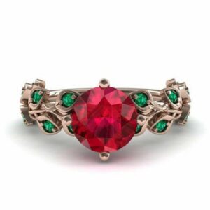 2 carat round shape simulated red ruby and green emerald filigree wedding engagement ring in 14k rose gold plated 925 sterling silver gift for womens ring size - 7