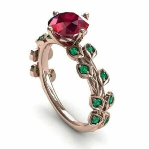 2 Carat Round Shape Simulated Red Ruby and Green Emerald Filigree Wedding Engagement Ring In 14K Rose Gold Plated 925 Sterling Silver Gift for Womens Ring Size - 7