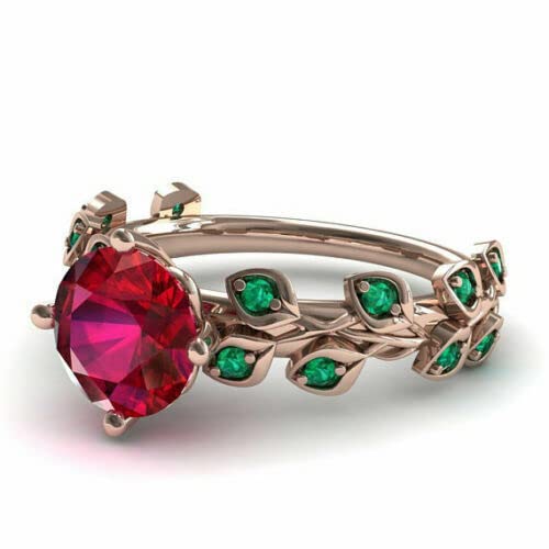 2 Carat Round Shape Simulated Red Ruby and Green Emerald Filigree Wedding Engagement Ring In 14K Rose Gold Plated 925 Sterling Silver Gift for Womens Ring Size - 7