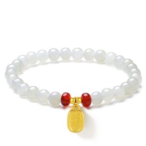 ZHOU LIU FU 24K Solid Gold Bracelets, Real Pure Gold Jewelry White Nephrite Jade Beaded Bracelets Dainty Gold Fortune Plate for Women Men Teen Girls