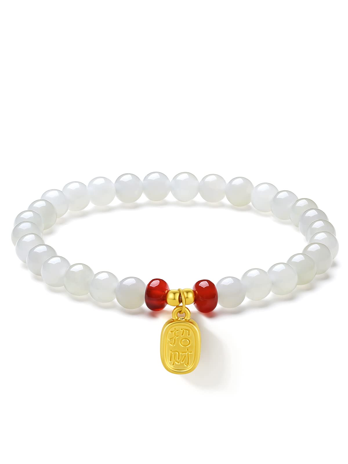 ZHOU LIU FU 24K Solid Gold Bracelets, Real Pure Gold Jewelry White Nephrite Jade Beaded Bracelets Dainty Gold Fortune Plate for Women Men Teen Girls