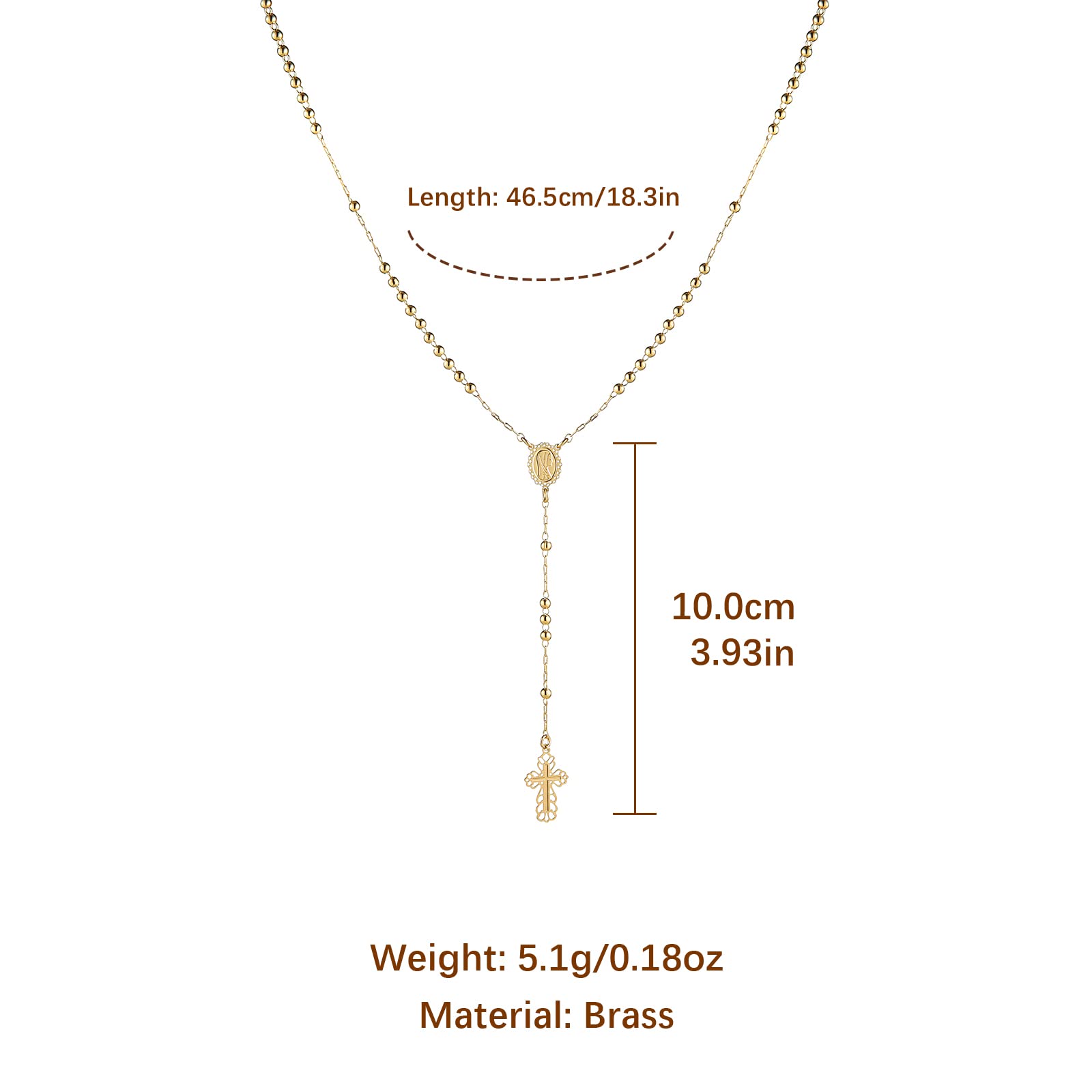 HZMAN Dainty Rosary necklace for Women Long Gold Plated Brass Lariat Y Cross necklace Jewelry Gift