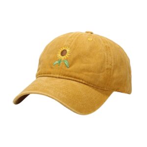 women adjustable size baseball caps sunflower embroidered cotton strapback hat for fishing hunting hiking (yellow, one size)