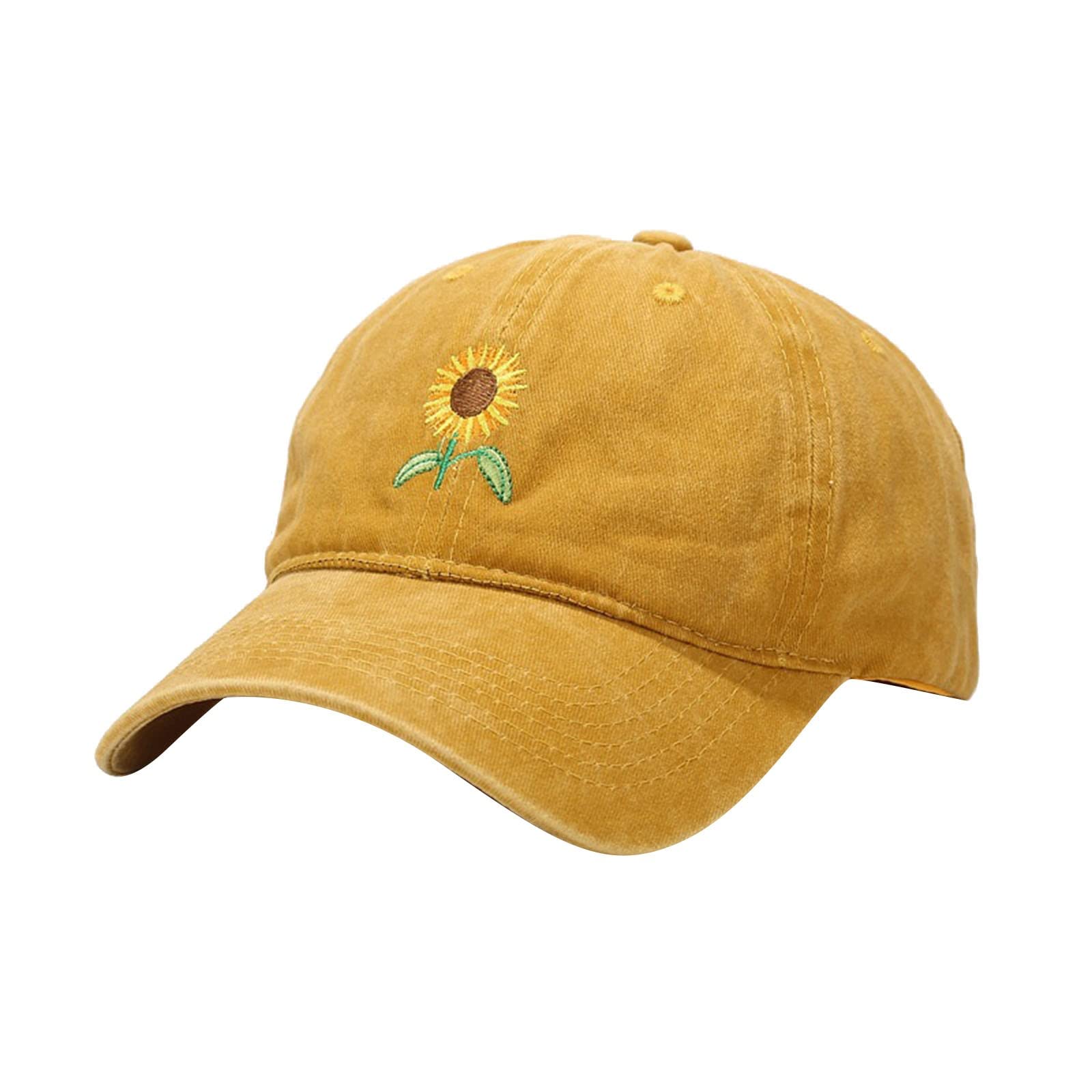 Women Adjustable Size Baseball Caps Sunflower Embroidered Cotton Strapback Hat for Fishing Hunting Hiking (Yellow, One Size)