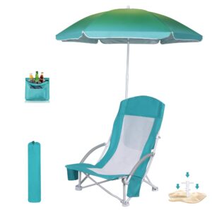 folding camping table adjustable card table 24'' x 16'' (l x w) + beach chair with umbrella & cooler for adults 1-pack green with a hint blue