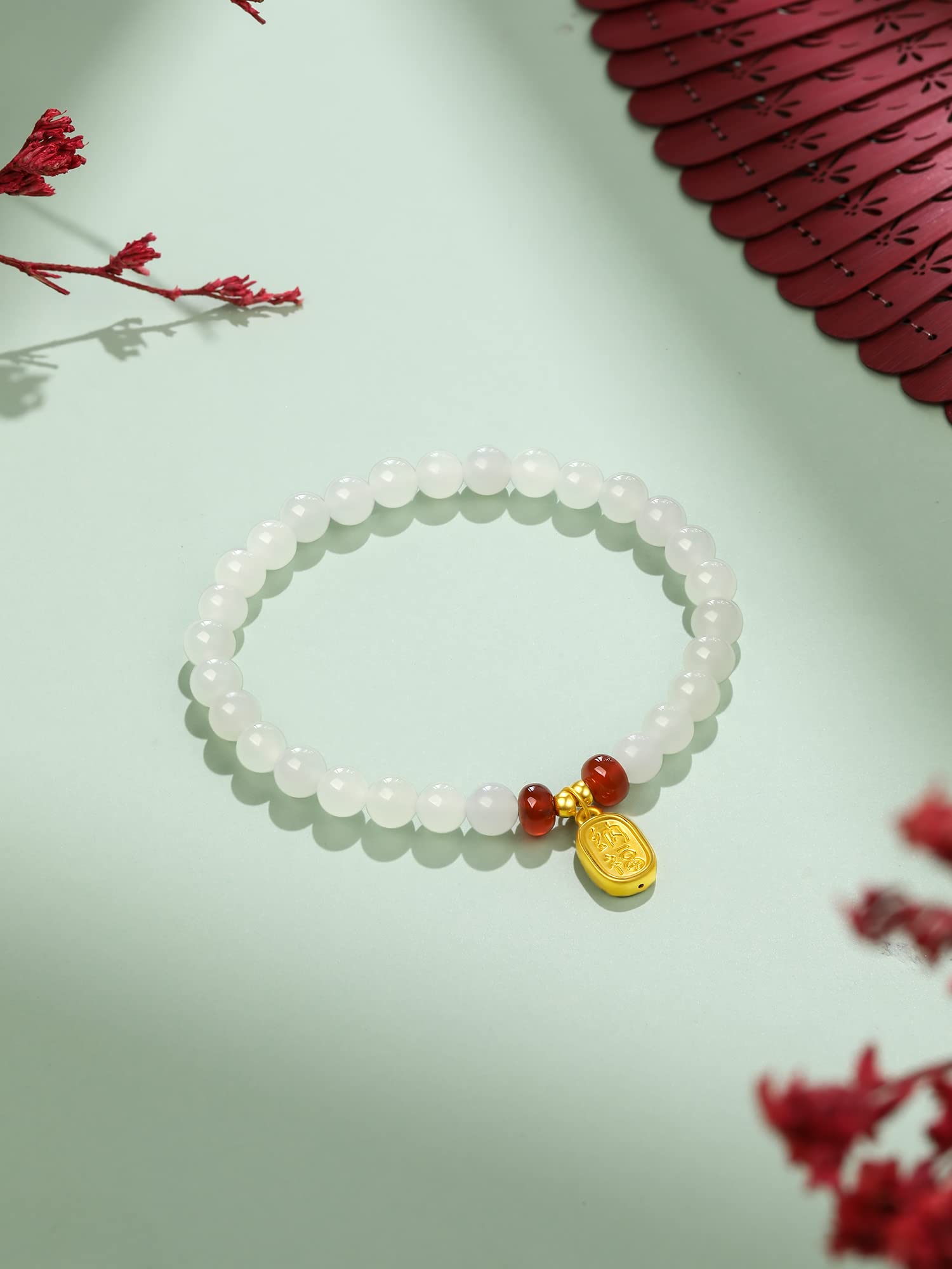 ZHOU LIU FU 24K Solid Gold Bracelets, Real Pure Gold Jewelry White Nephrite Jade Beaded Bracelets Dainty Gold Fortune Plate for Women Men Teen Girls