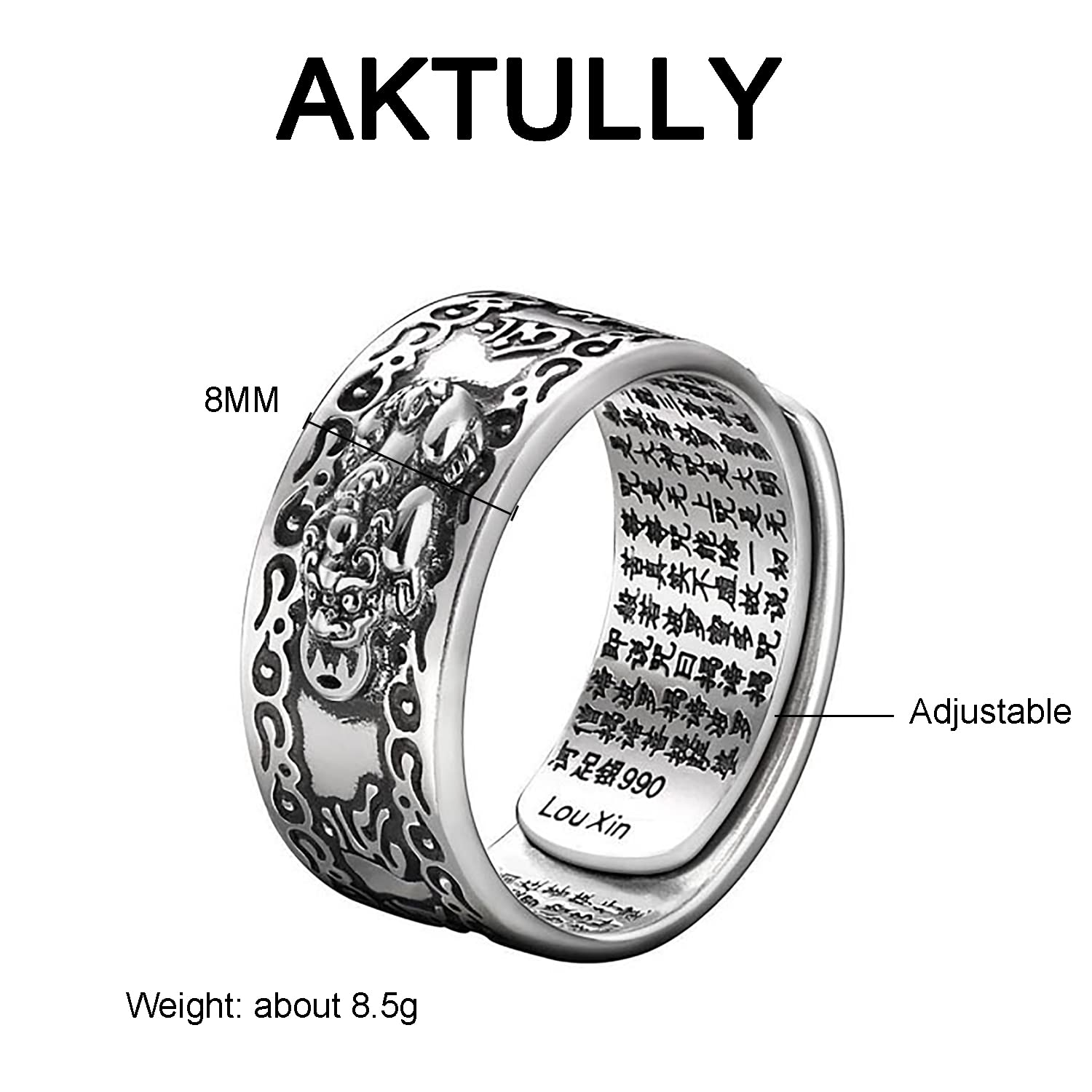 Feng Shui Pixiu Mantra Ring Buddhist Lucky Amulet Mantra Double Protection Wealth Ring Jewelry Adjustable Ring for Women Men (Xiang Yun)