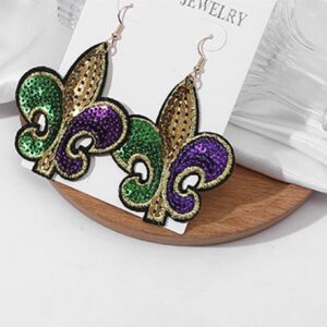 Mardi Gras Earrings, Mardi Gras Earrings for Women, Glitter Green Purple Fleur De Lis Dangle Earrings, Fat Tuesday Celebration Mardi Gras Holiday Fashion Jewelry Gift for Women