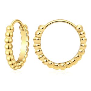 fiusem gold small huggie hoop earrings for women, hypoallergenic 14k gold plated bead huggie earring, tiny gold hoops 8 mm