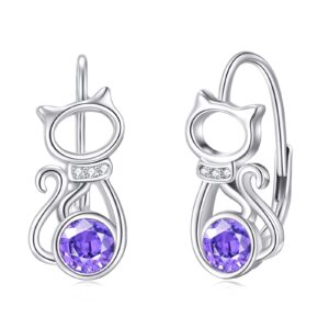 aoboco 925 sterling silver cat earrings for women purple crystal cat leverback dangle earrings cat jewelry packaged with jewelry box gifts for women wife