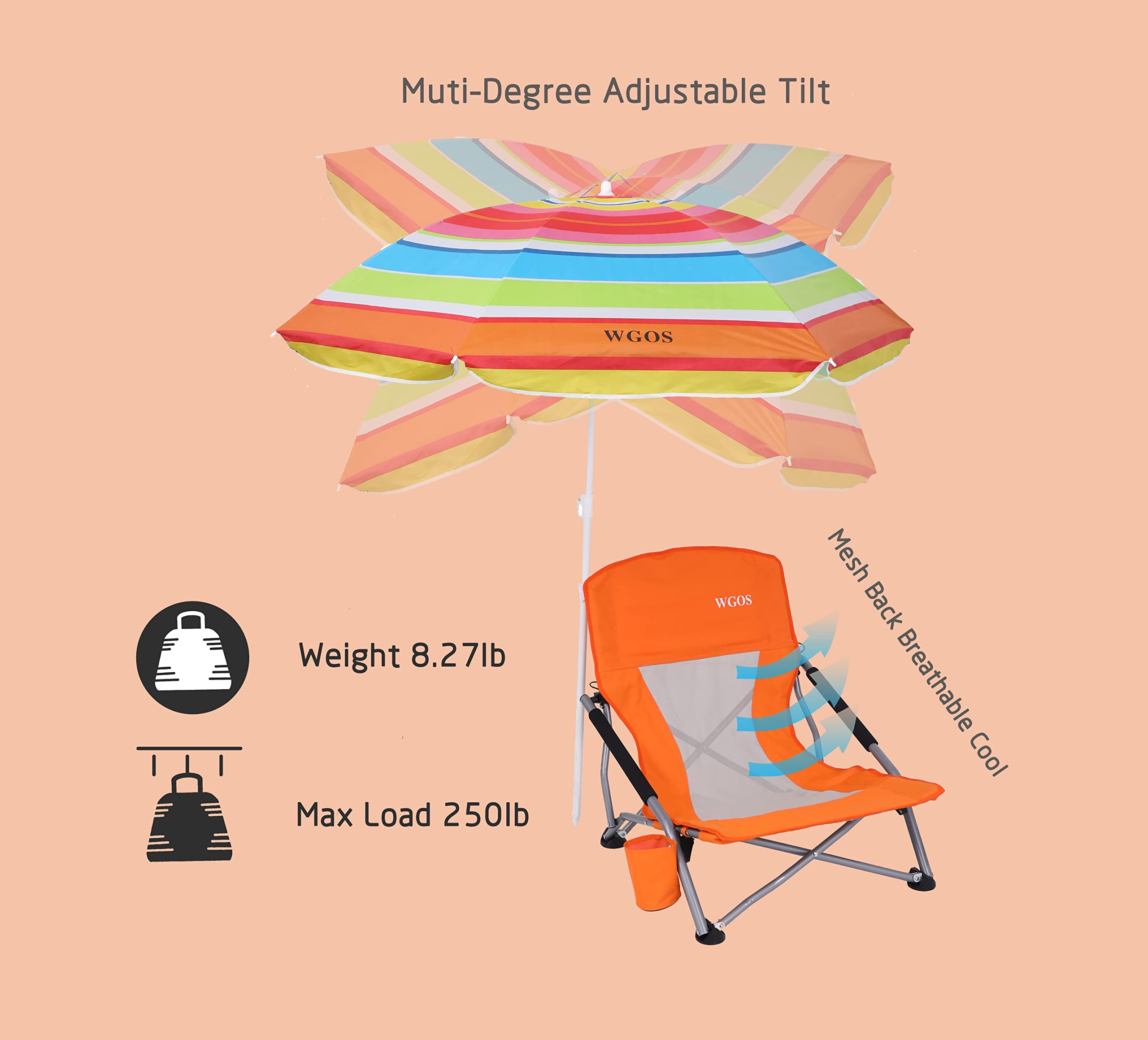 Folding Camping Table Adjustable Card Table 24'' x 16'' (L x W) + Beach Chair with Umbrella for Adults 1-Pack Orange