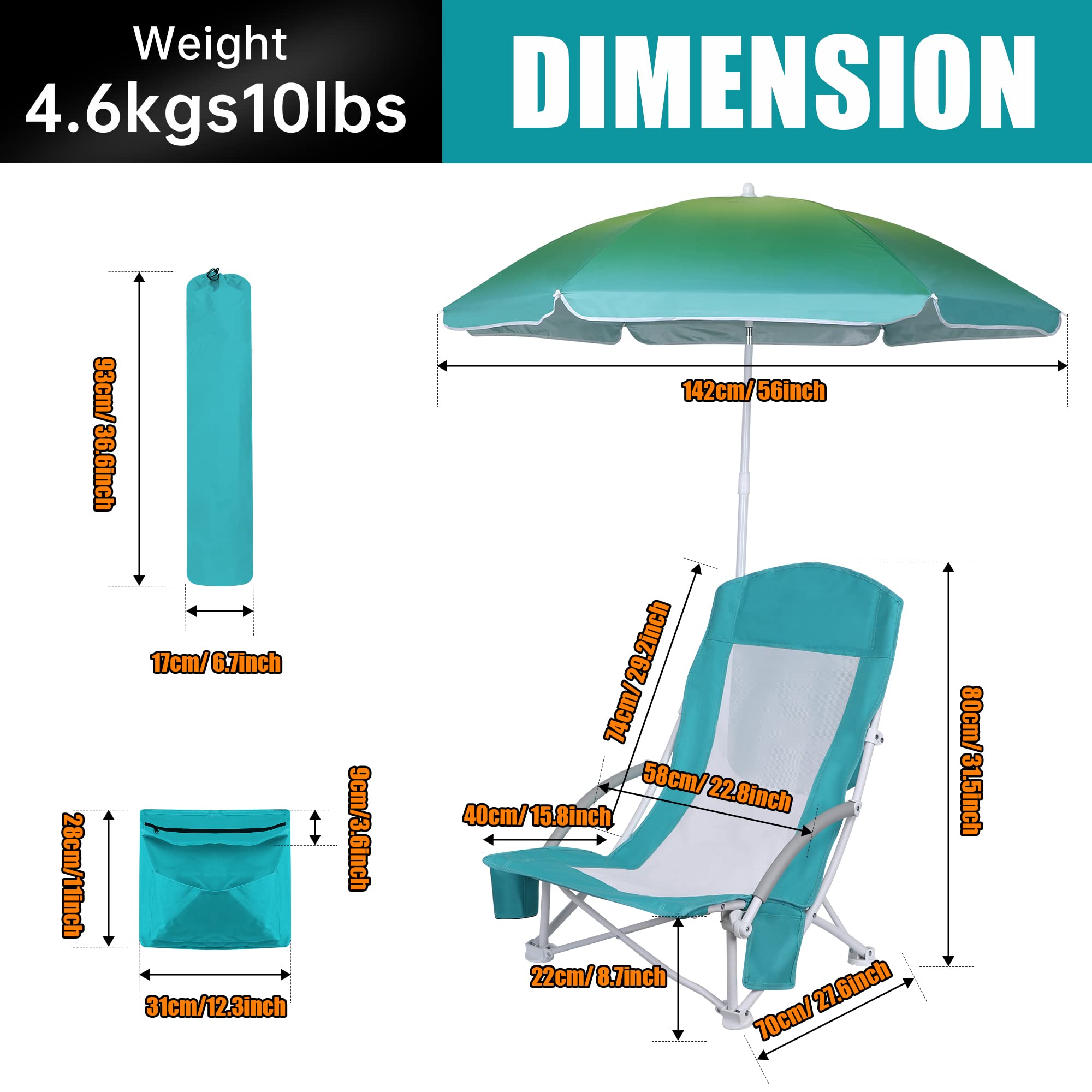 Folding Camping Table Adjustable Card Table 24'' x 16'' (L x W) + Beach Chair with Umbrella & Cooler for Adults 1-Pack Green with a hint Blue