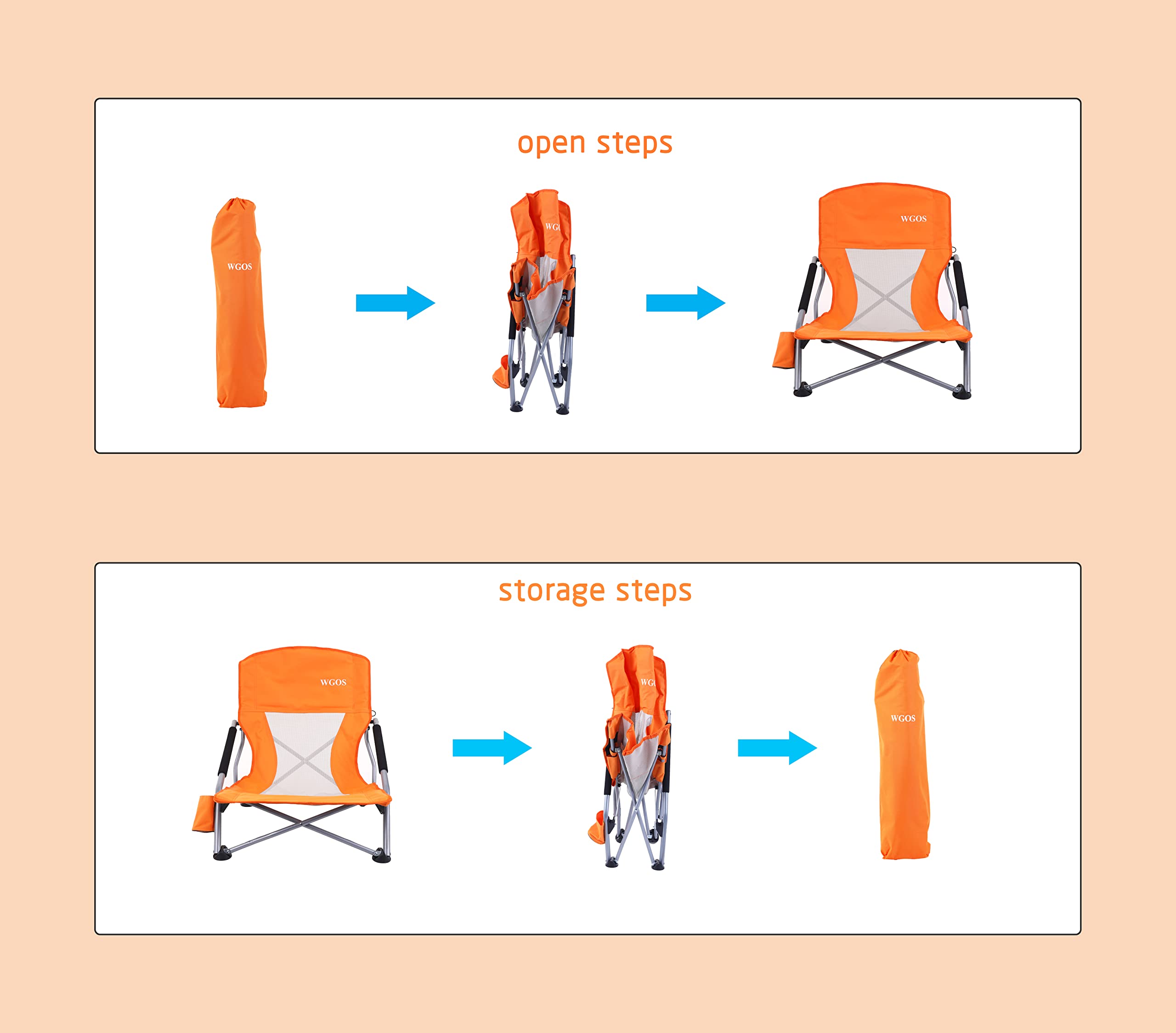 Folding Camping Table Adjustable Card Table 24'' x 16'' (L x W) + Beach Chair with Umbrella for Adults 1-Pack Orange