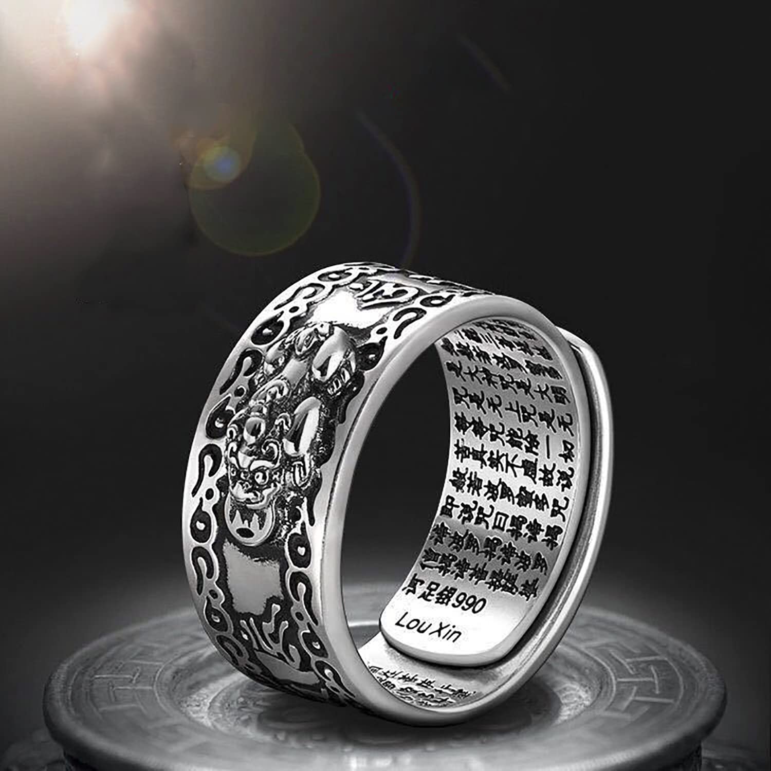 Feng Shui Pixiu Mantra Ring Buddhist Lucky Amulet Mantra Double Protection Wealth Ring Jewelry Adjustable Ring for Women Men (Xiang Yun)